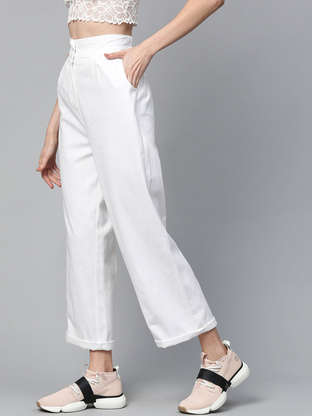 Buy Women White Regular Fit Solid Twill Parallel Trousers - Trousers ...