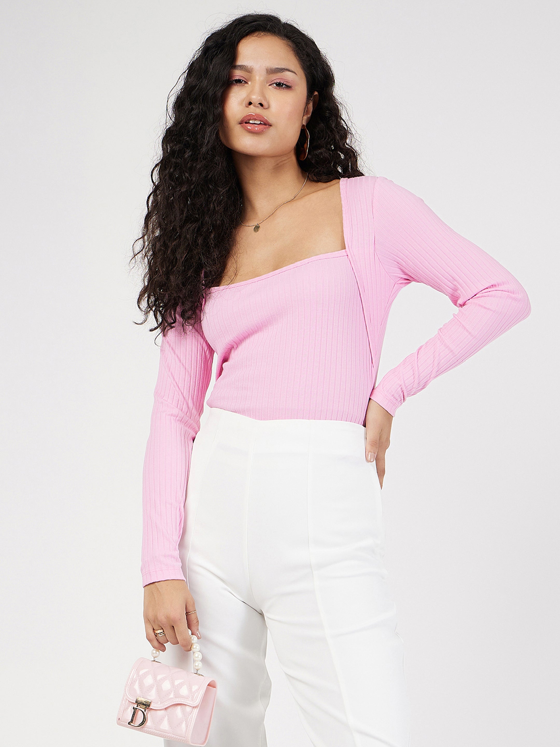 Women Pink Rib Square Neck Full Sleeves Top