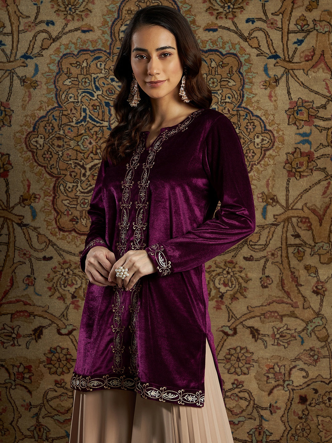 Buy Women Burgundy Velvet Zari Embroidered Short Kurta Online at Sassafras
